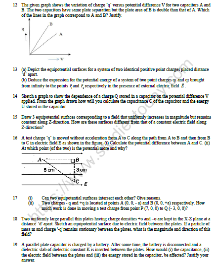 CBSE Class 12 Physics Electrostatic Potential And Capacitance Worksheet ...